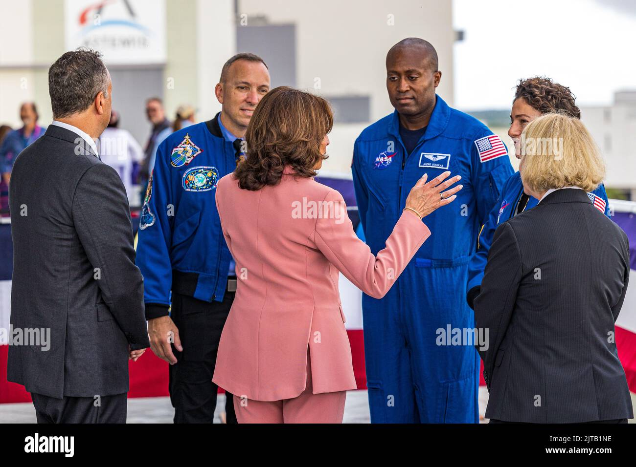 Vice President Kamala Harris is greeted by Andre Douglas and NASA ...