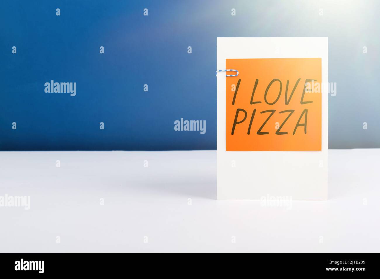 Hand writing sign I Love Pizza. Conceptual photo To like a lot Italian ...