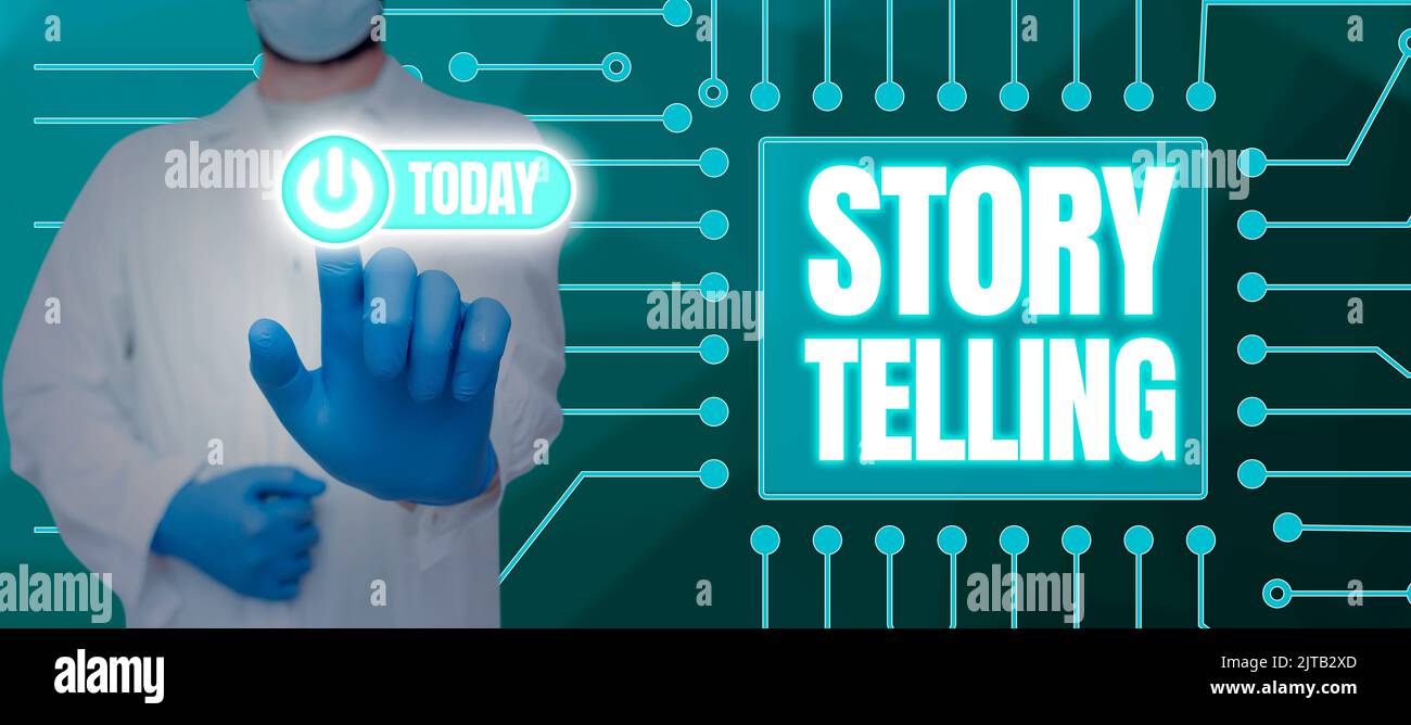 Text showing inspiration Story Telling. Business overview Tell or write short Stories Share ...