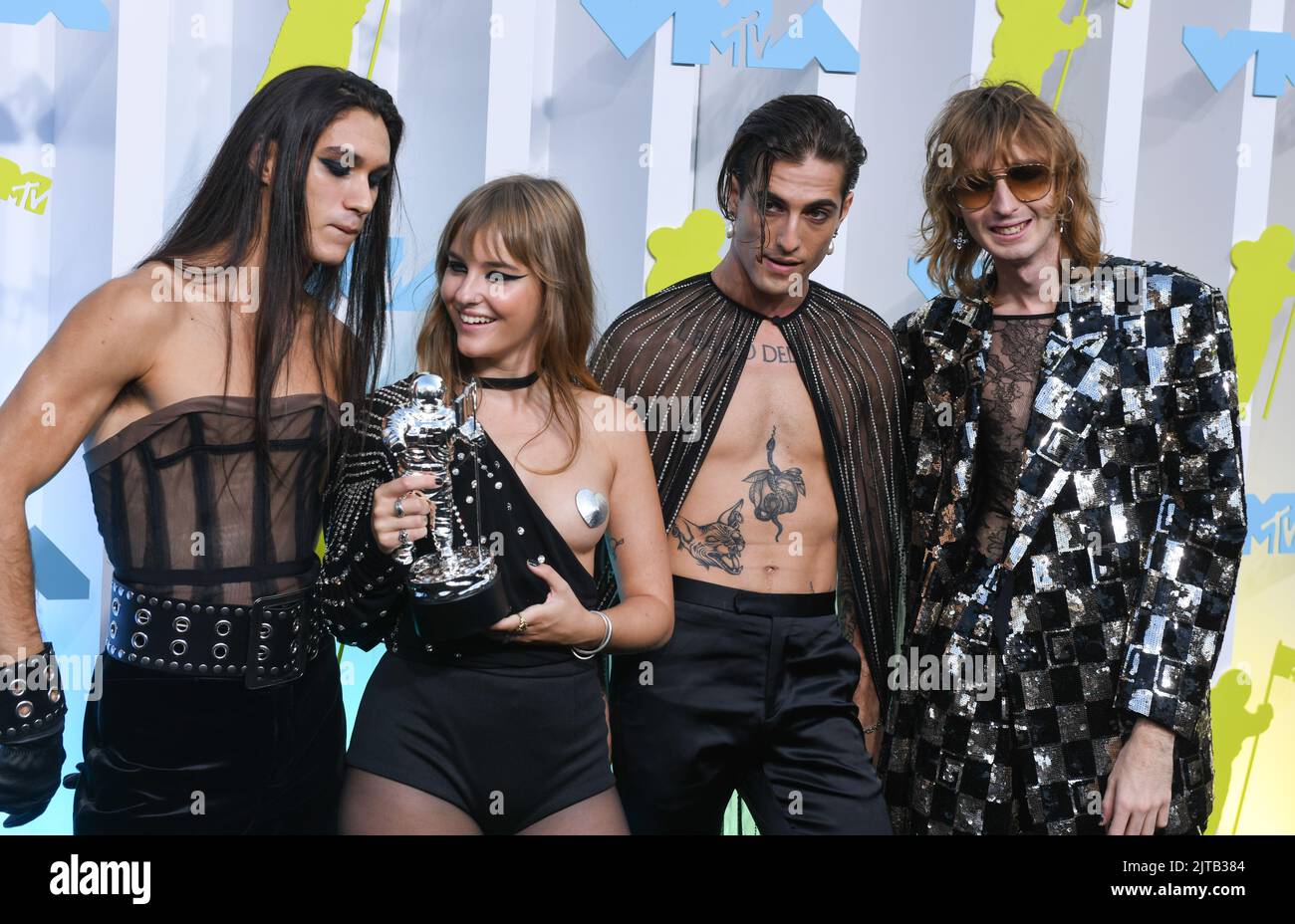 Newark, USA. 28th Aug, 2022. Ethan Torchio, Victoria De Angelis, Damiano David, and Thomas Raggi ...