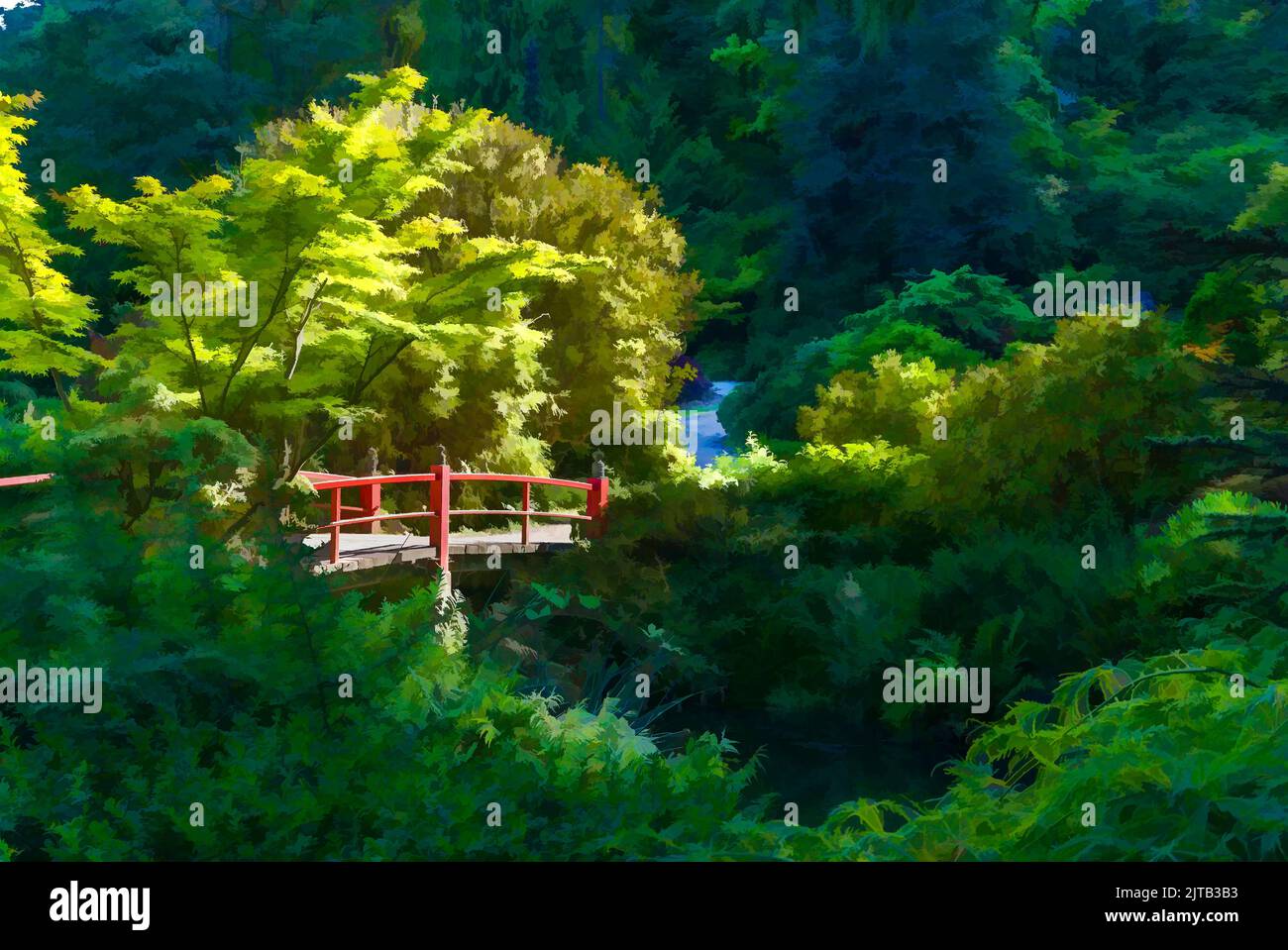 A red walking bridge and path in a garden in Seattle, Washington Stock ...
