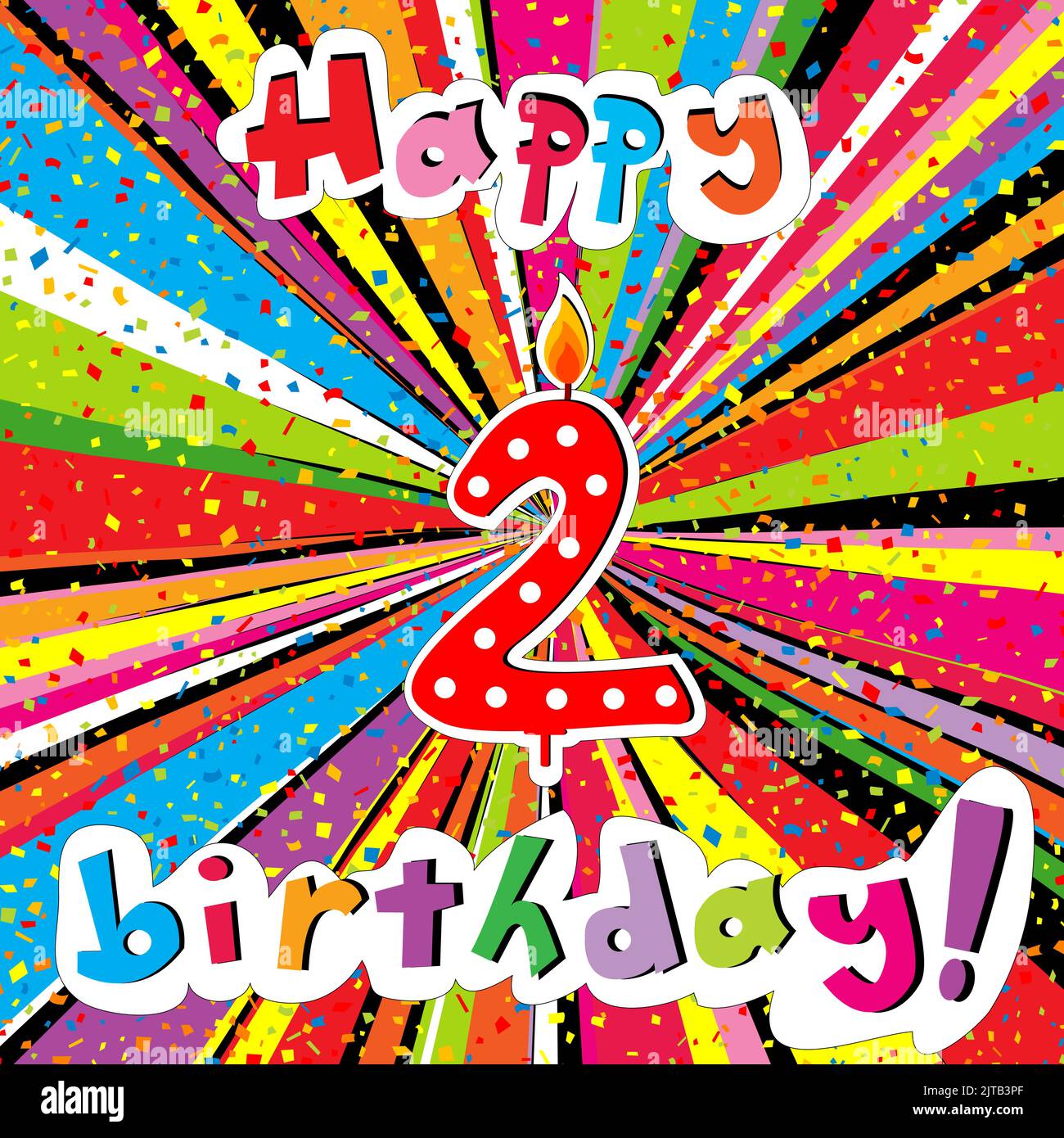 Happy Birthday greeting card with number two candle and confetti on a ...