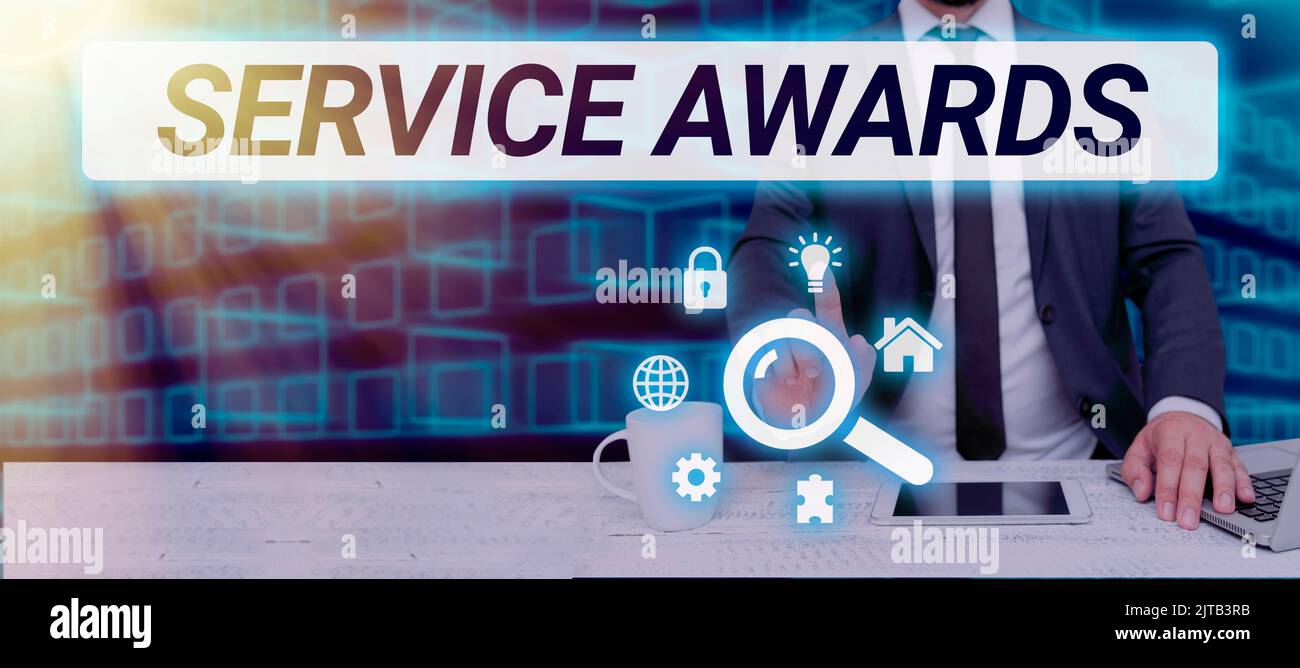 Text showing inspiration Service AwardsRecognizing an employee for his ...