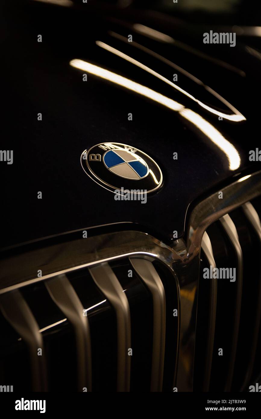 A vertical selective focus of a clear black shiny hood of a BMW car ...