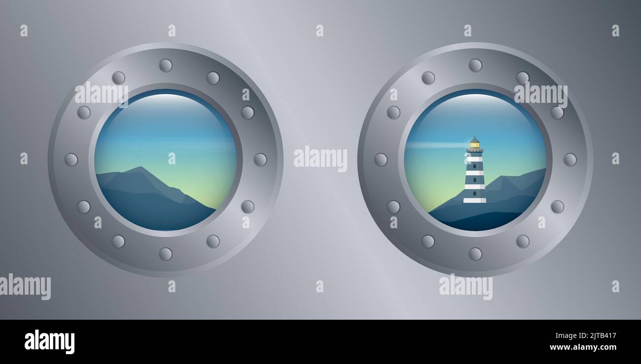 porthole with seascape view lighthouse and mountain marine design Stock ...