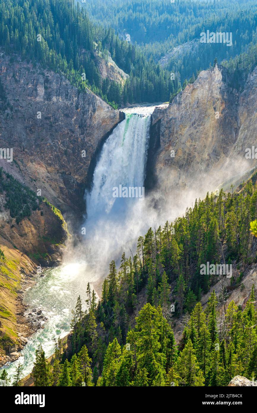 A vertical shot of scenic waterfalls in the Yellowstone National Park ...