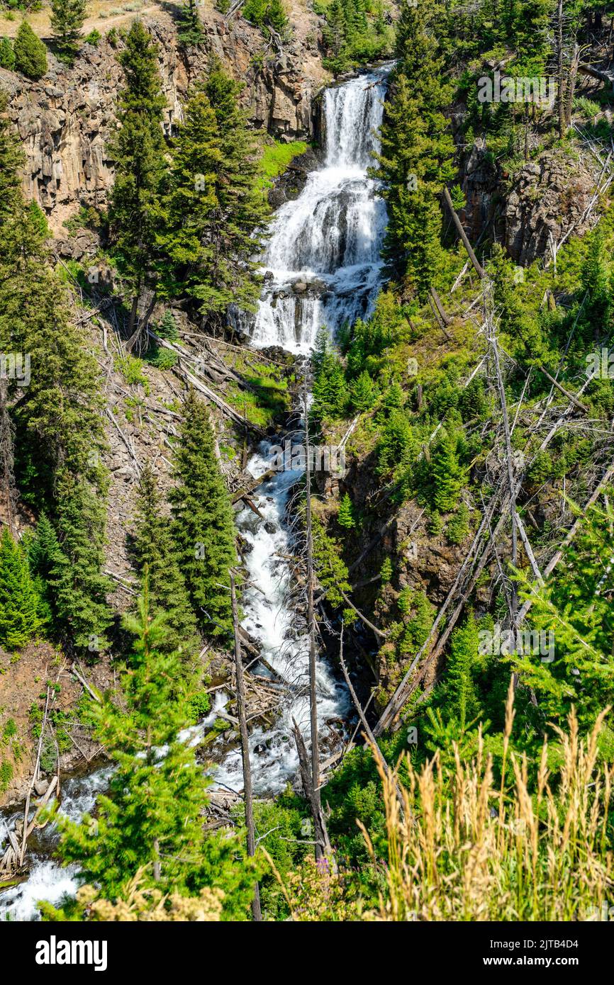 A vertical shot of scenic waterfalls in the Yellowstone National Park ...