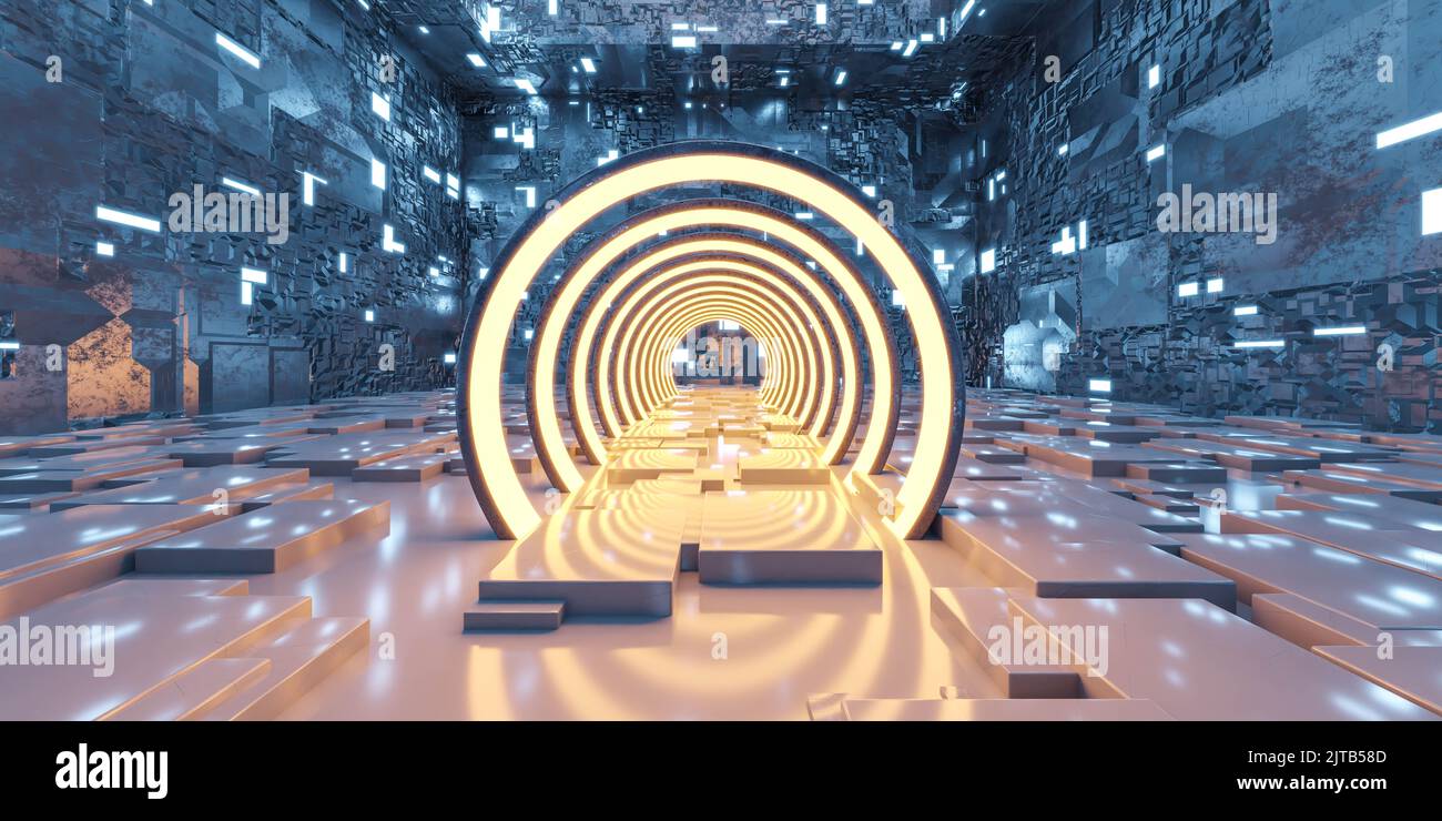 abstract futuristic gate way technology hall studio with blue and ...