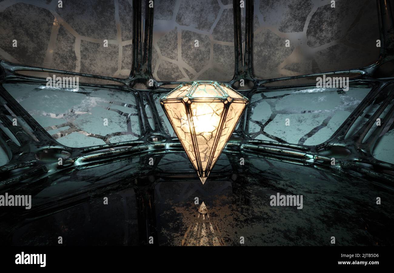 futuristic glowing crystal in dark fantasy cyber environment 3d render ...