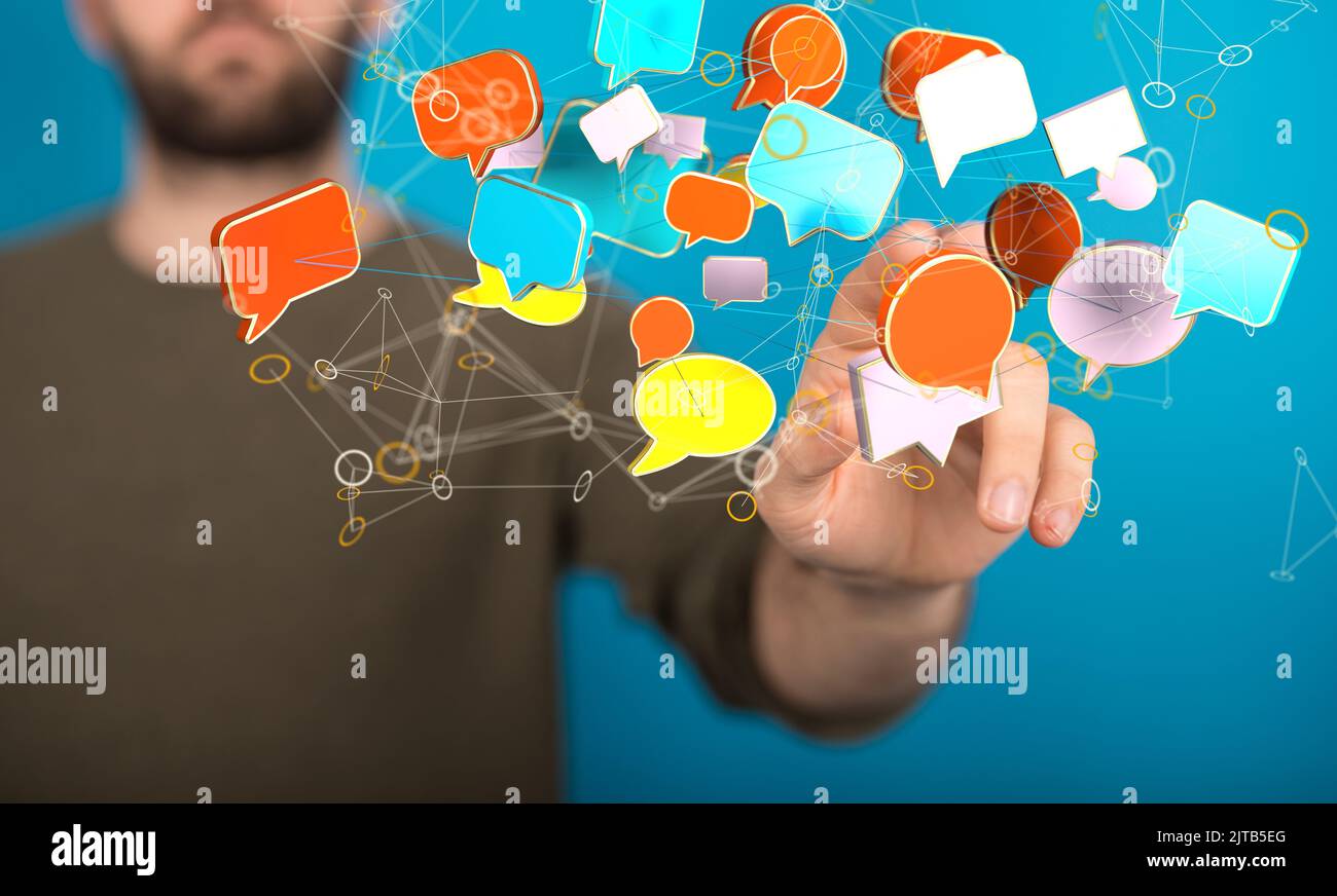 A man pointing at a web of message icons Stock Photo - Alamy