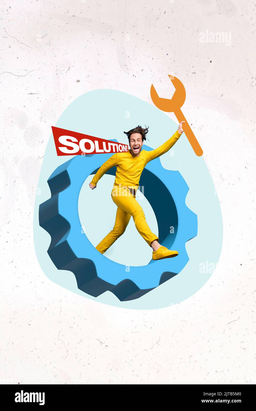 Creative collage photo of positive guy wear yellow clothes raise wrench ...