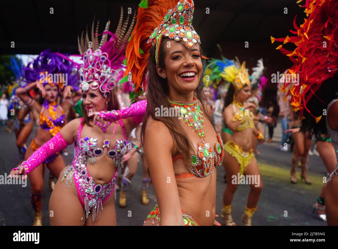 Samba dancers prepare before the start of the Notting Hill Carnival in London, which returned to ...