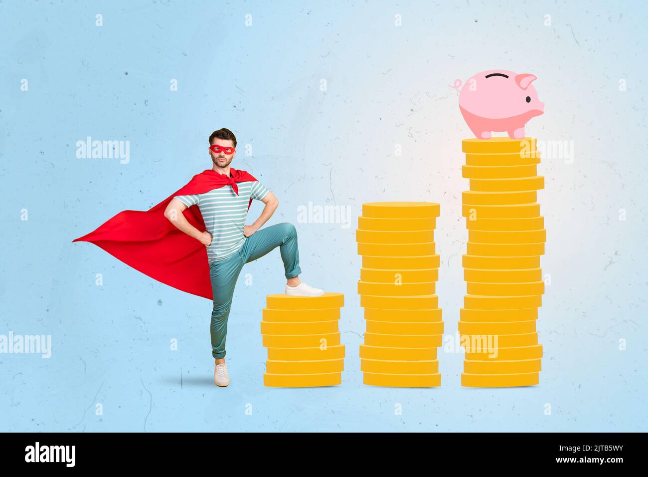 Composite collage image of confident superman pile stack money coins ...