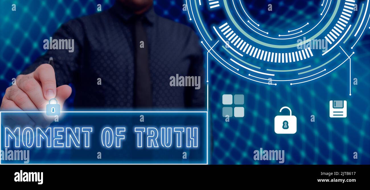 Sign displaying Moment Of Truth, Business overview Time to make a ...