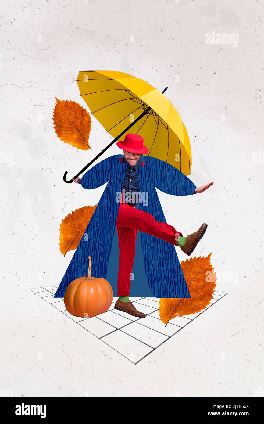 Creative collage photo of funky carefree person dressed red hat pants ...