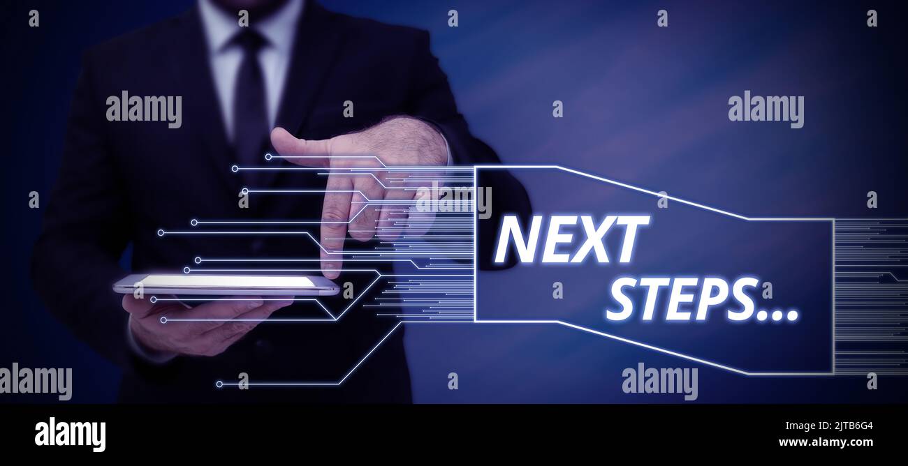 Hand writing sign Next Steps. Business showcase Following Moves ...