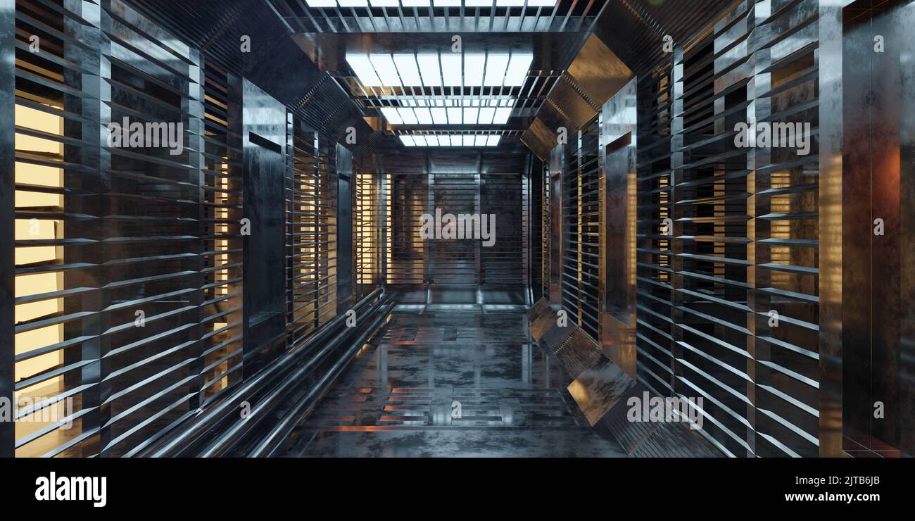 dark abstract tehcnology space station floor with red and blue light 3d ...