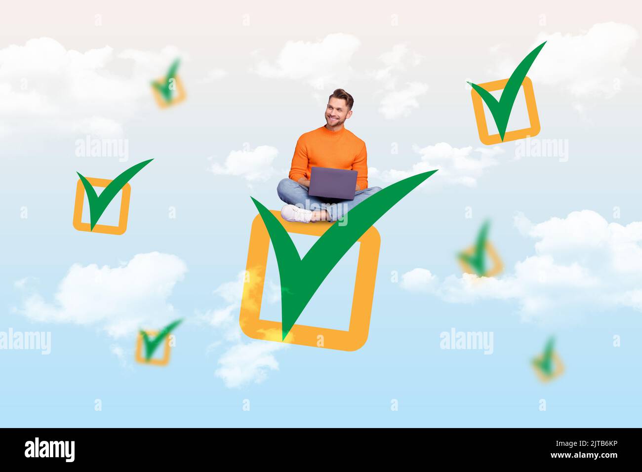 Creative collage photo artwork of young happy man programmer sit around ...