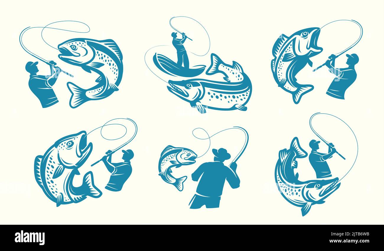 Fishing, outdoor activities set badges or emblems. Sport fishing ...