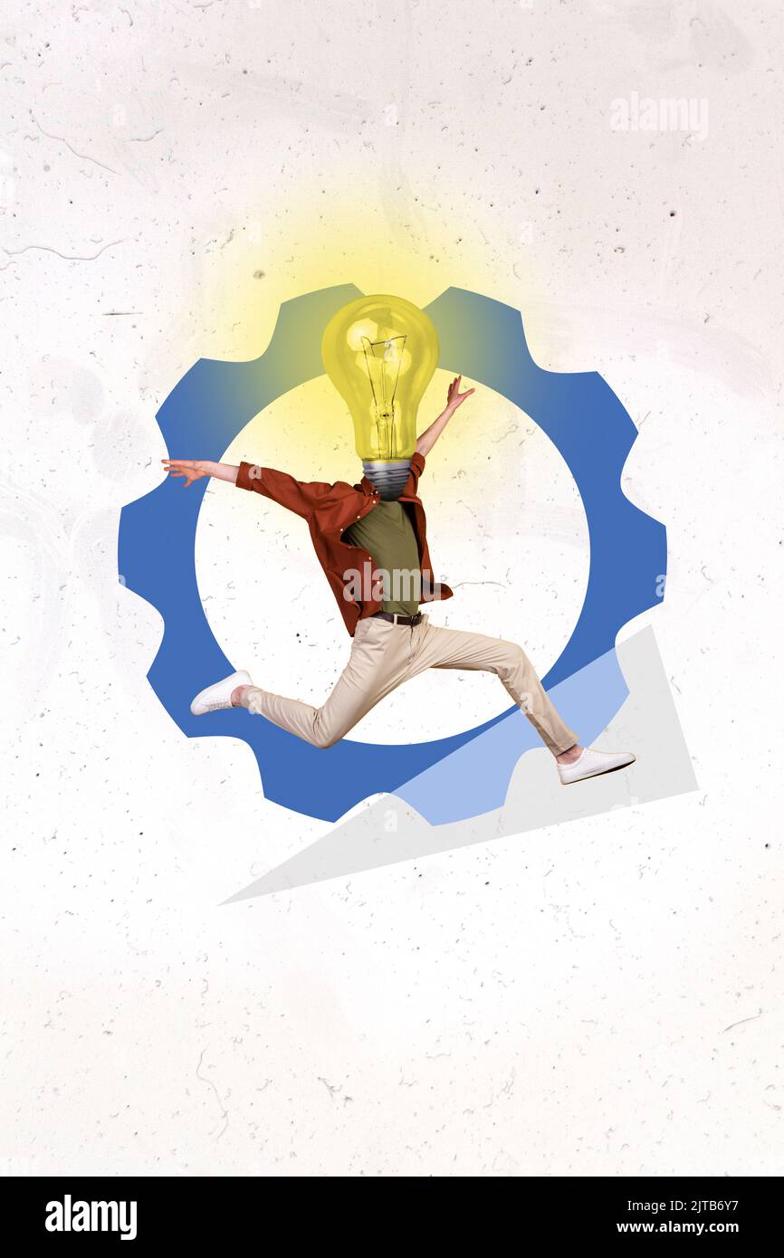 Vertical collage picture of excited person jump run light bulb instead ...