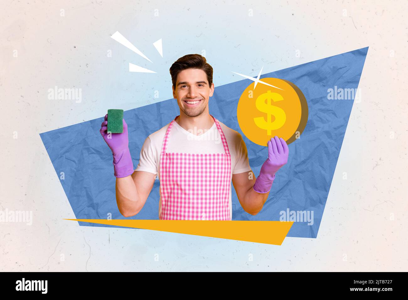 Collage picture of positive guy hands latex gloves hold cleaning sponge ...