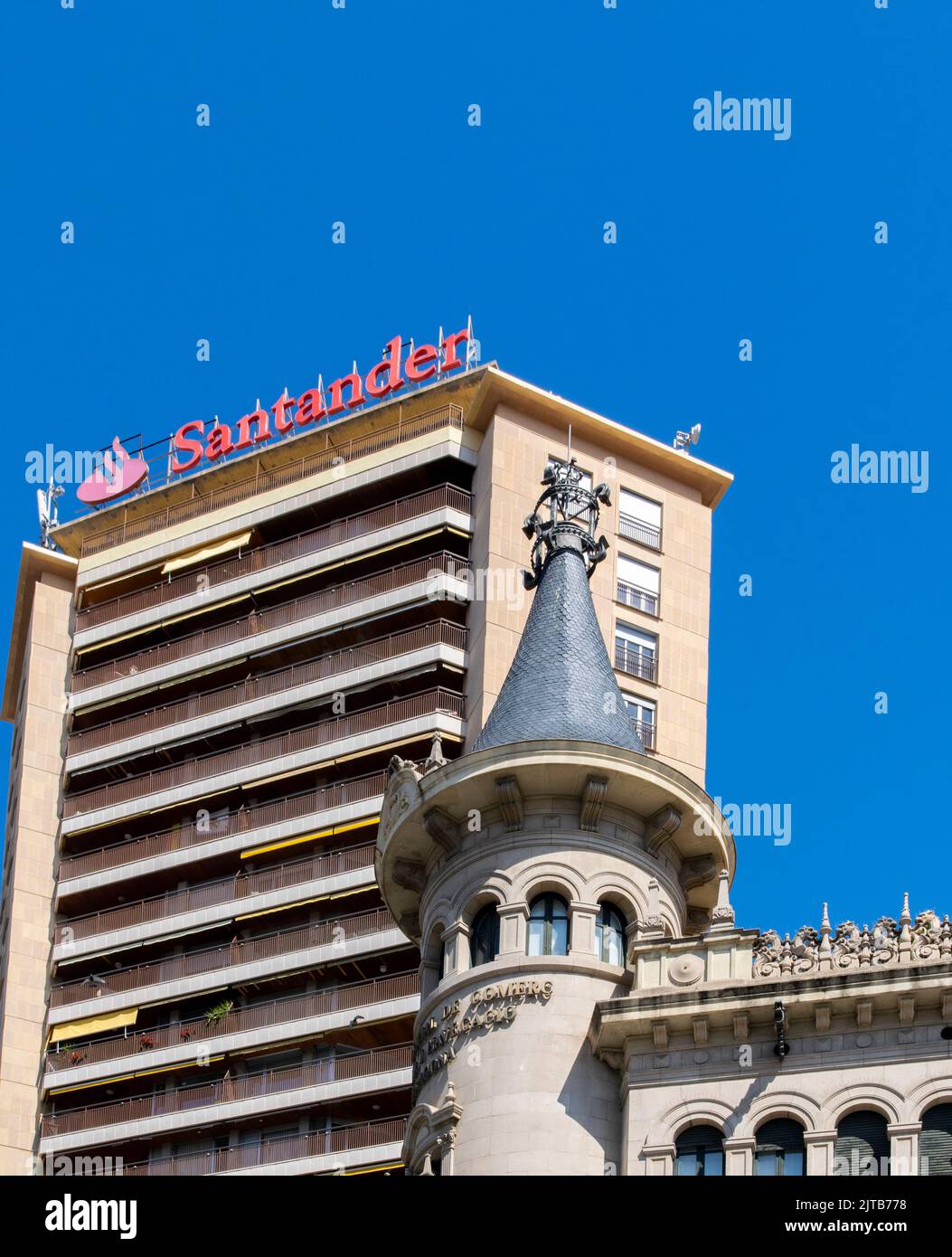 The old tower of the commerce chamber of Tarragona city, with the ...