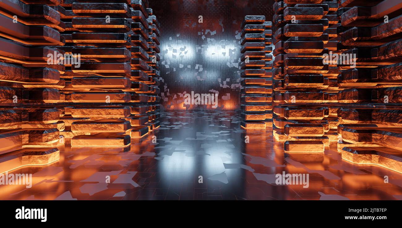 abstract dark futuristic tower building interior with glowing red light 3d render illustration ...