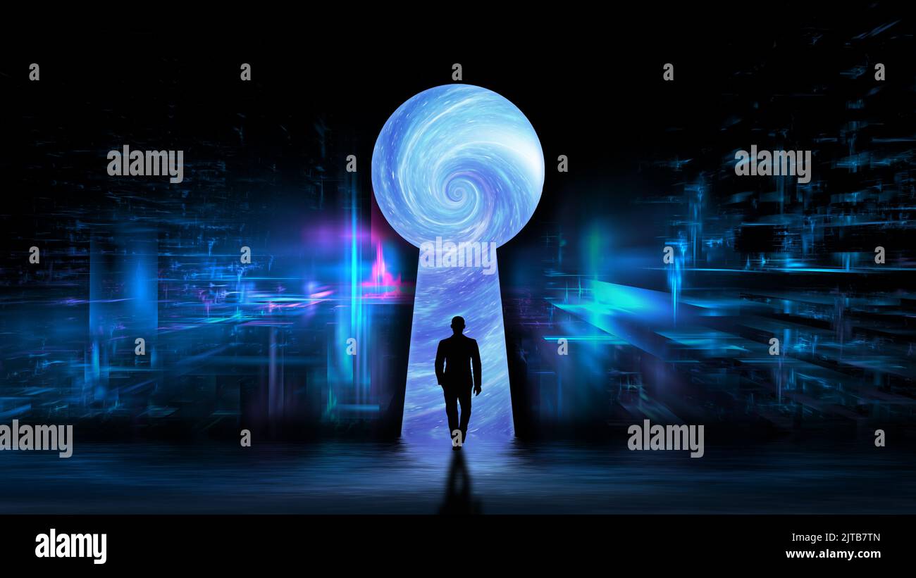 Path to digital technology. The silhouette of a successful man in the ...