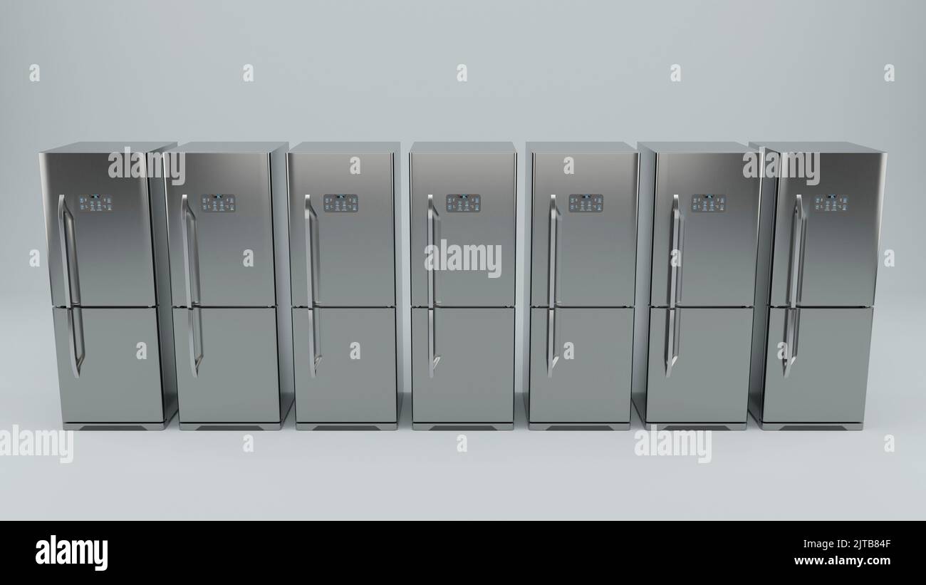 Modern stainless Fridge Refrigerator freezer on a gray background ...