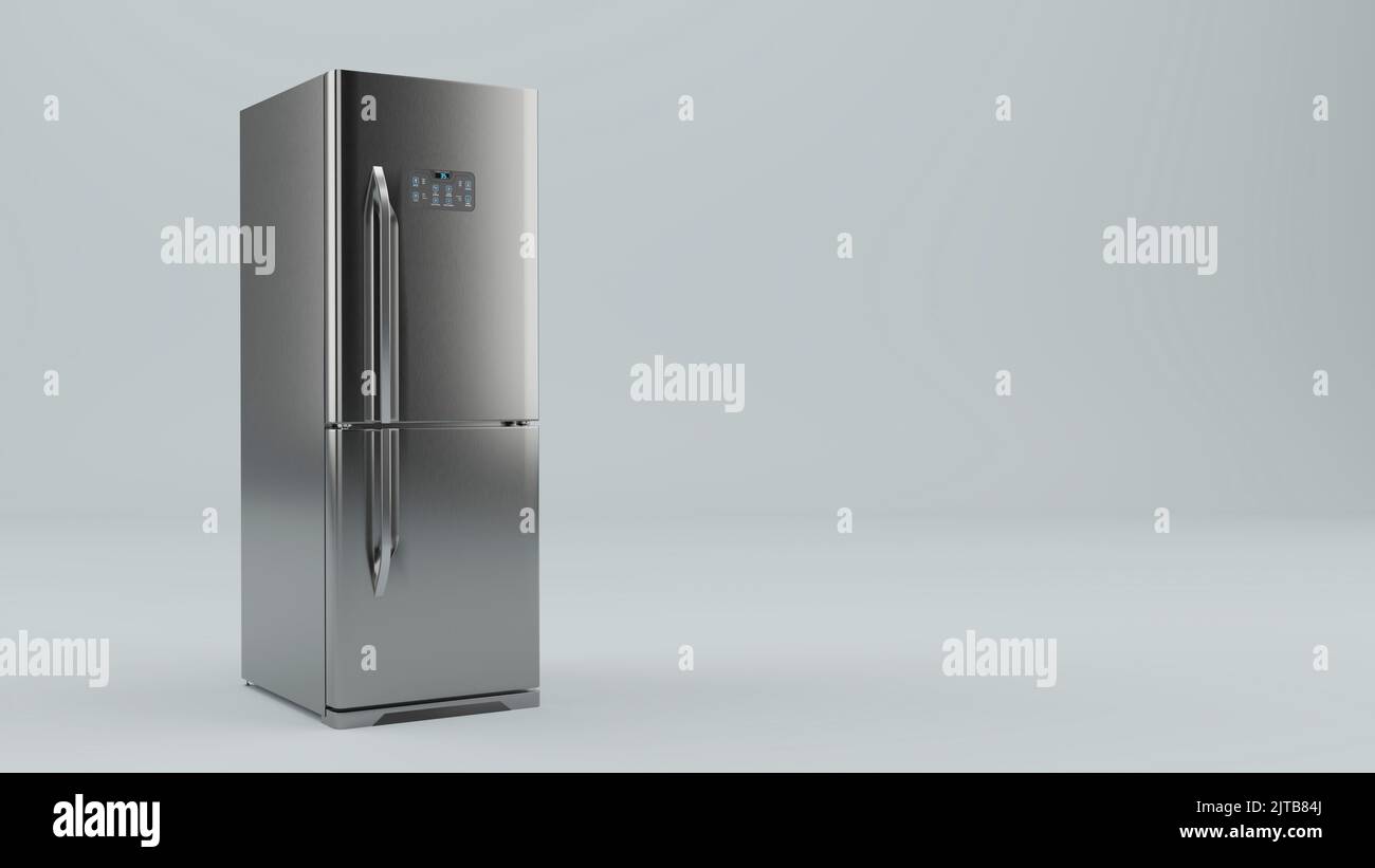 Modern stainless Fridge Refrigerator freezer on a gray background ...