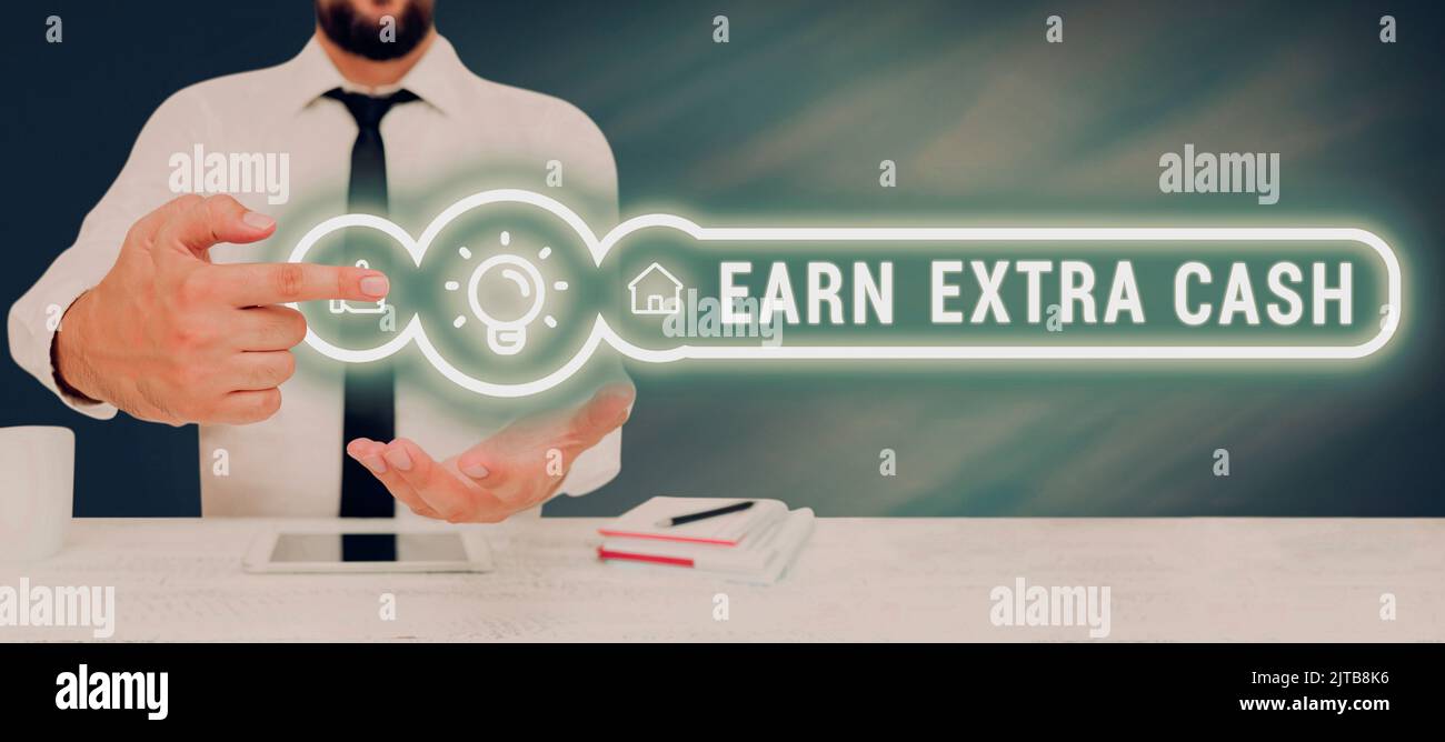 Hand writing sign Earn Extra Cash. Word Written on Make additional ...