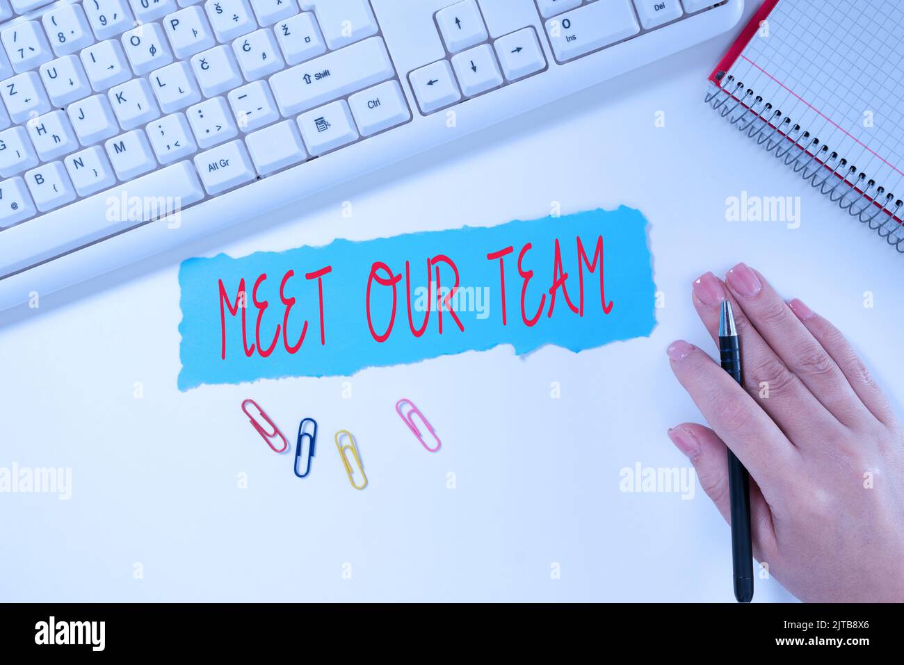 Hand writing sign Meet Our Team. Business showcase Presentation of a ...