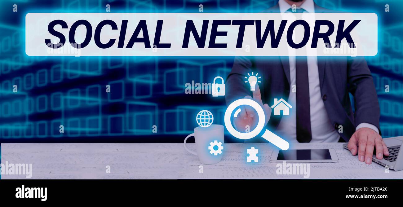 Hand writing sign Social NetworkInteractions Sharing Information ...