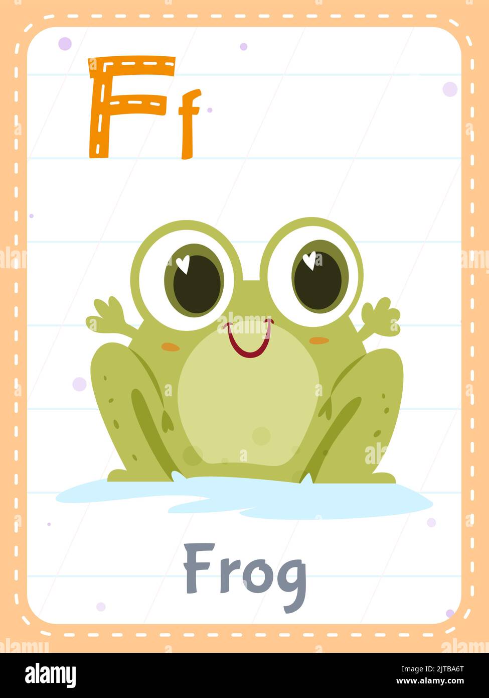 Alphabet flashcard with letter F. Cartoon cute frog animal picture and english word on flash ...
