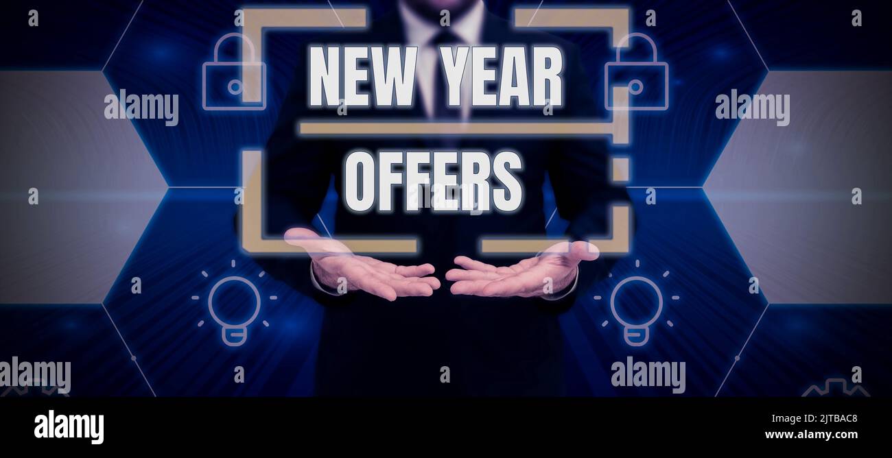 Text sign showing New Year Offers. Word Written on Final holiday season ...