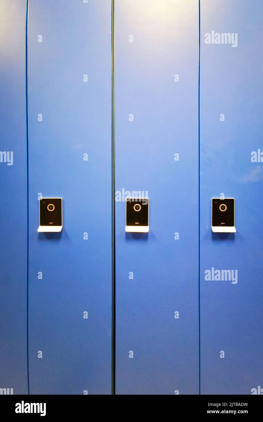 Locker room with blue lockers for cloth. Sport club wardrobe Stock ...