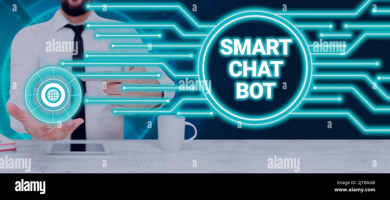 Text sign showing Smart Chat Bot. Business idea Artificial intelligence ... Text sign showing Smart Chat Bot. Business idea Artificial intelligence ...
