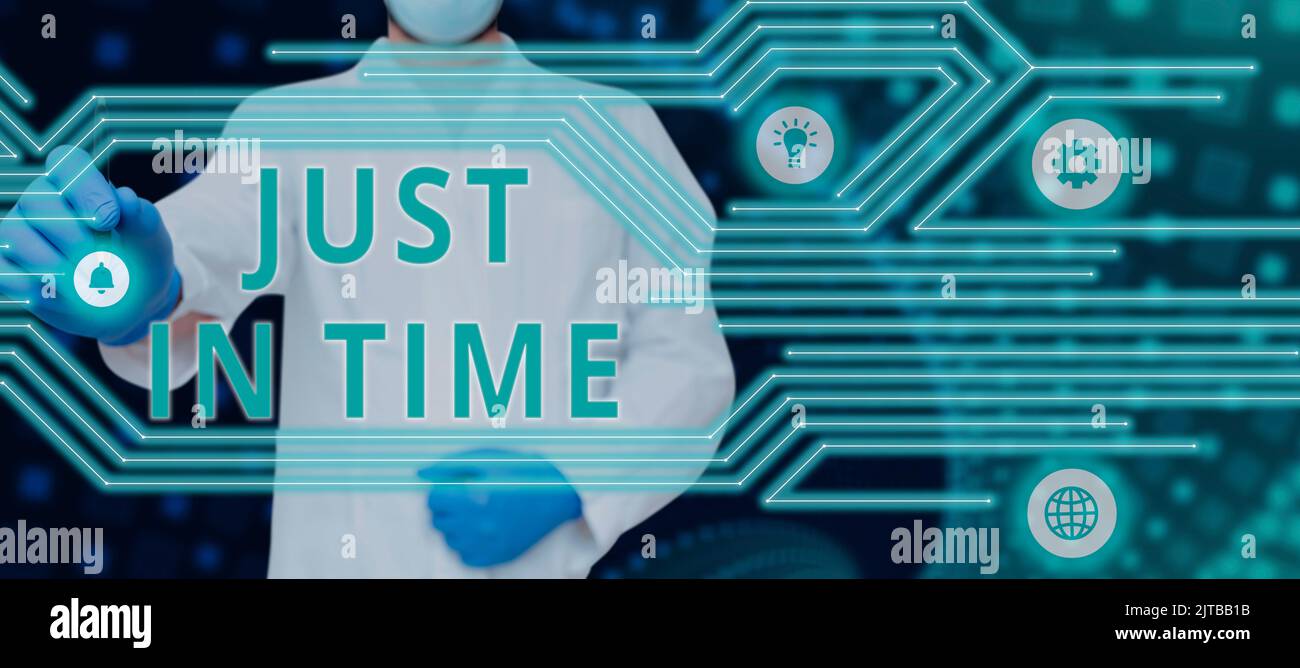 Sign displaying Just In Time. Concept meaning Arriving exactly at hour ...