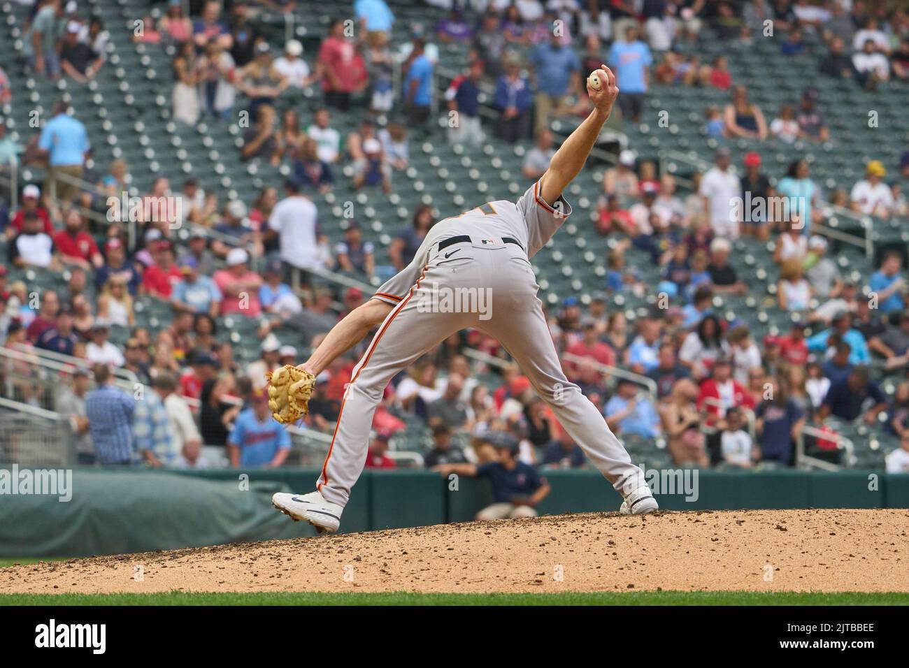 Minneapolis, US, August 28 2022: San Francisco pitcher Tyler Rogers (71) throws a pitch during ...