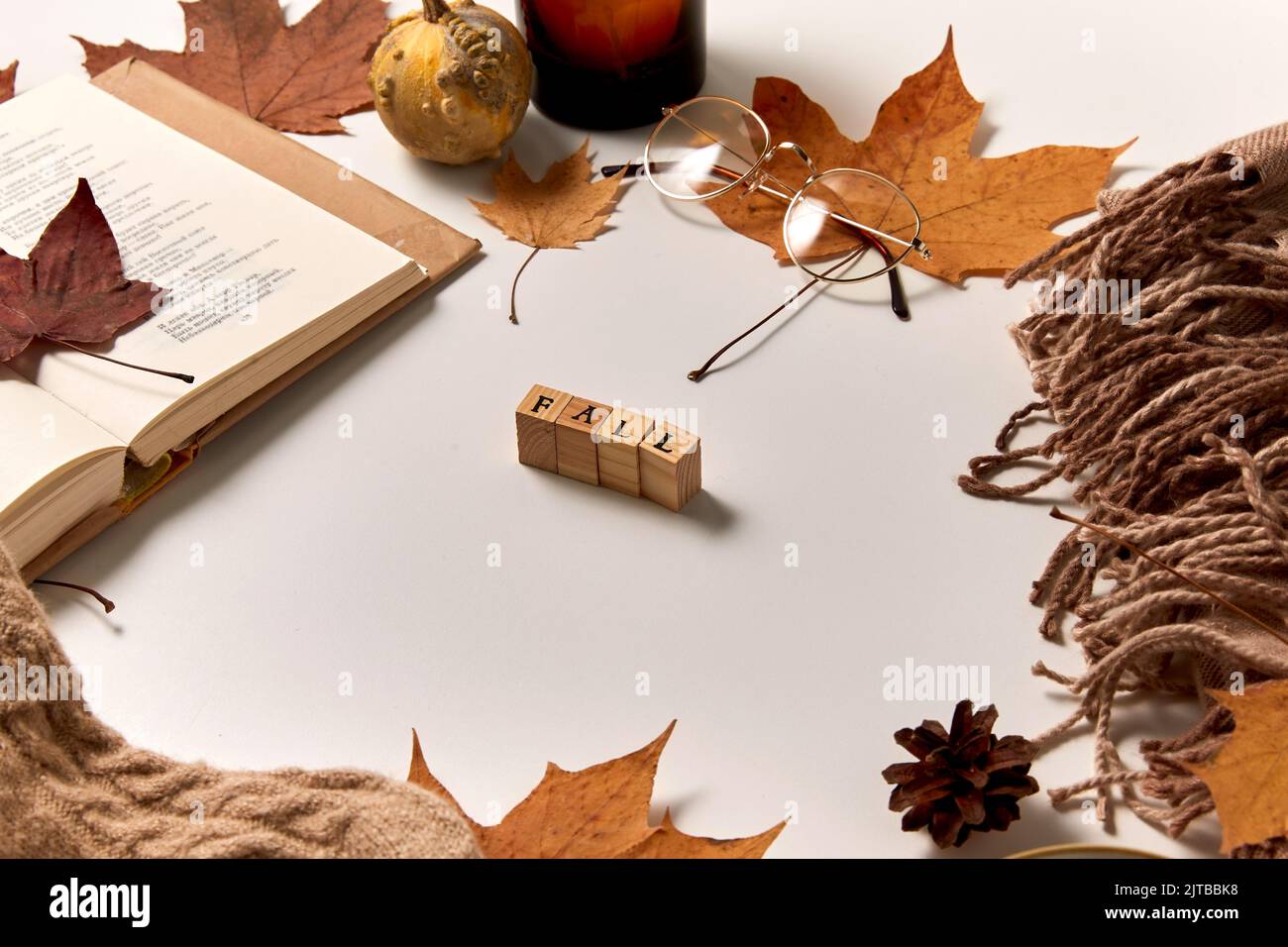 fall word made of toy blocks and autumn staff Stock Photo - Alamy