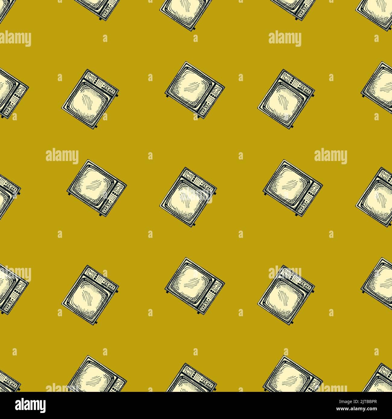 Retro TV engraved seamless pattern. Vintage television in hand drawn ...