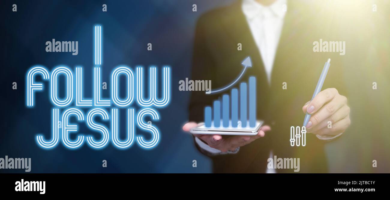 Conceptual caption I Follow Jesus. Business showcase Religious person ...