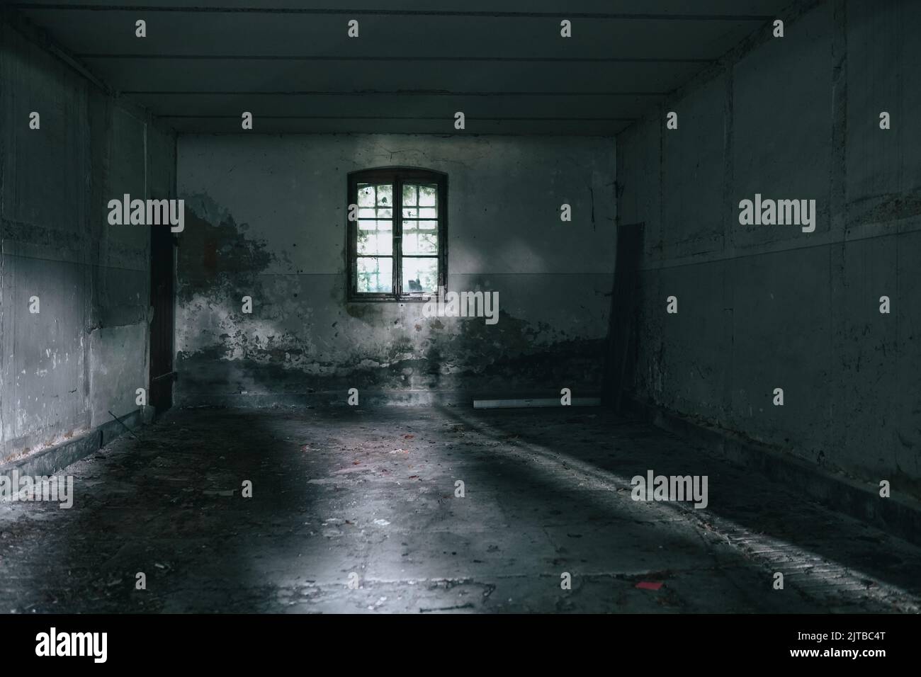 An interior view of an empty and abandoned building with a dirty floor ...