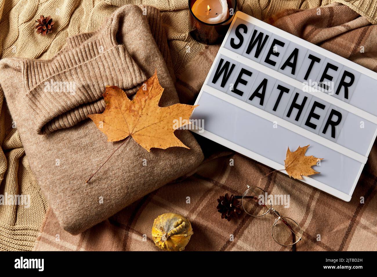 light box with sweater weather letters in autumn Stock Photo - Alamy