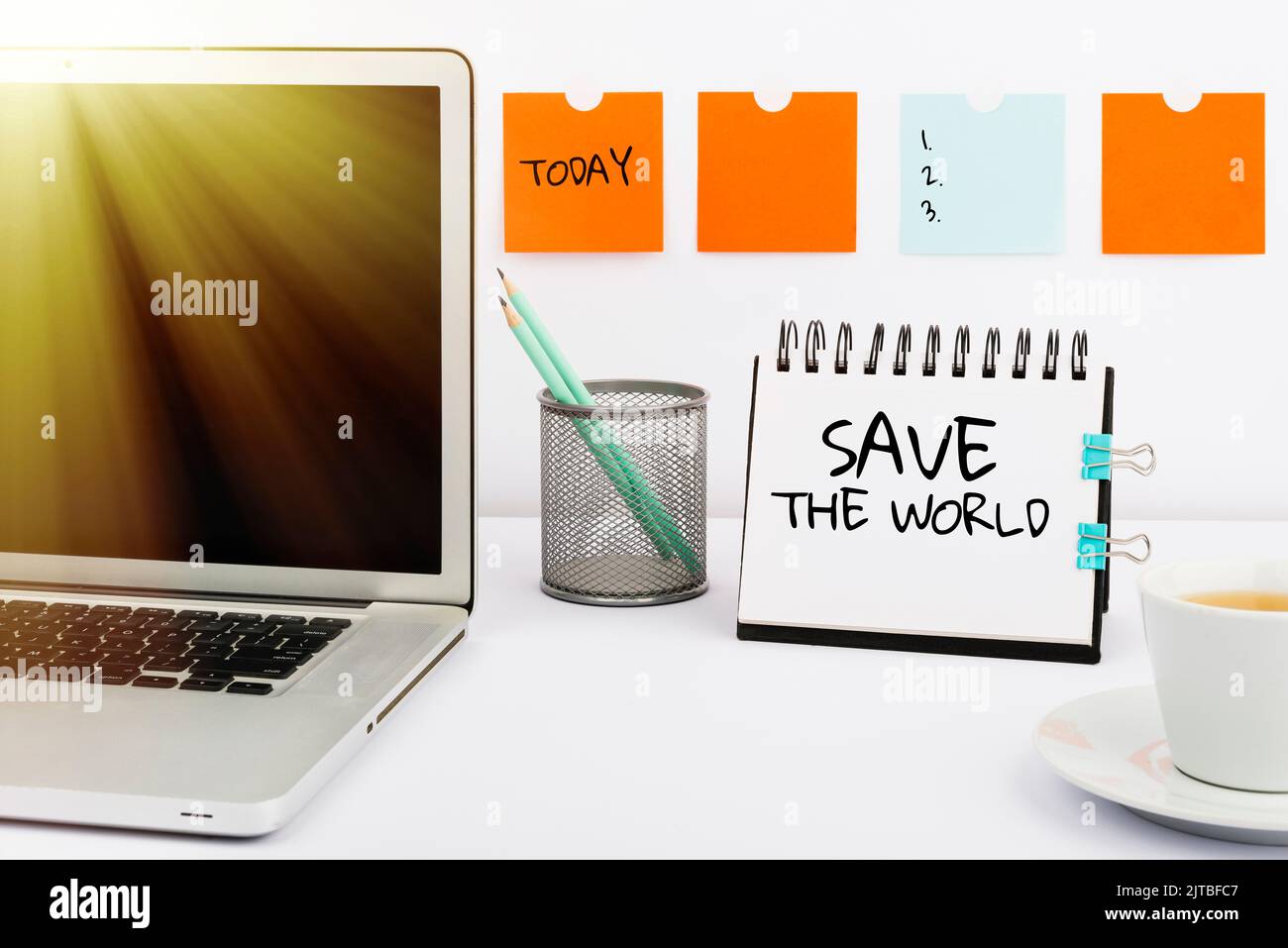 Hand writing sign Save The WorldProtect the environment and the living ...