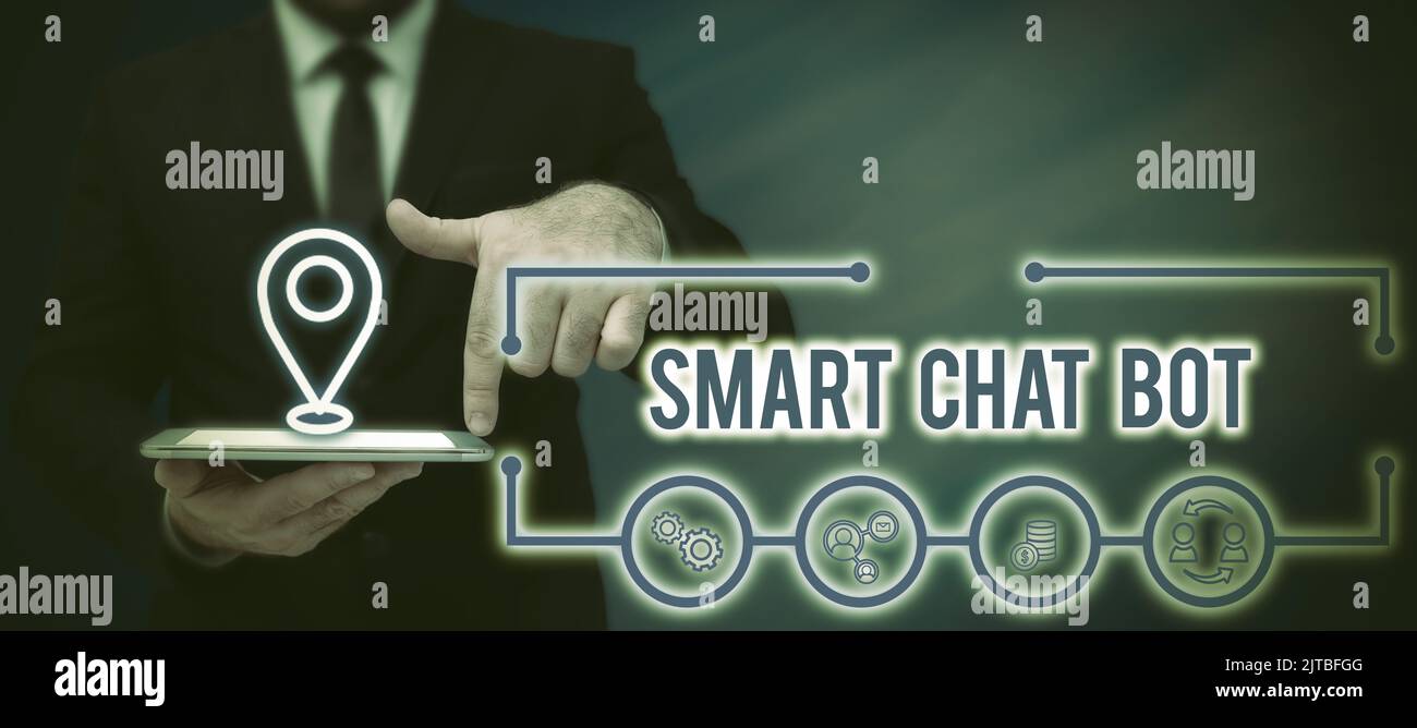 Handwriting text Smart Chat Bot. Word Written on Artificial intelligence chatting with machines ...