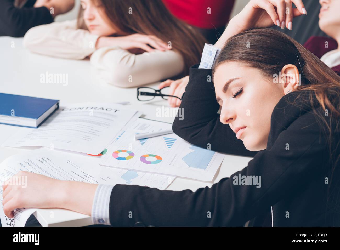 tired corporate manager sleep desk overworking Stock Photo - Alamy