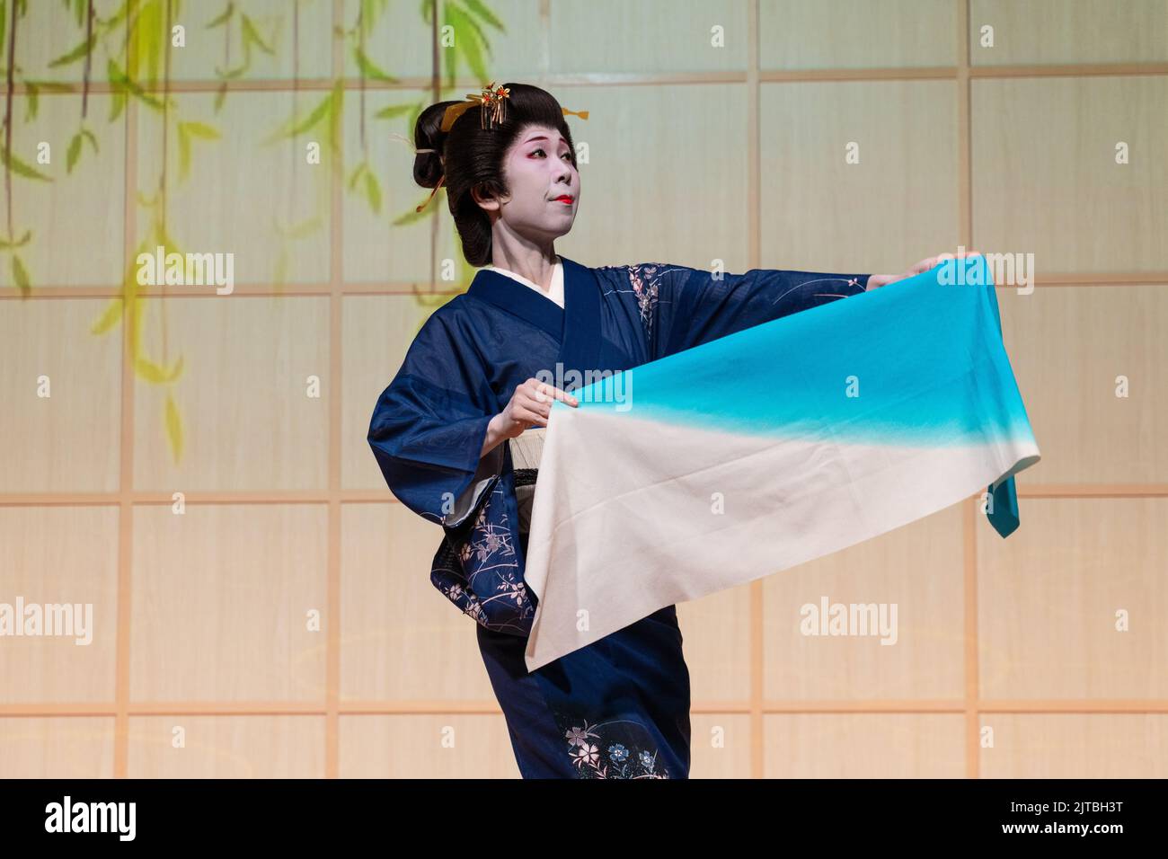 A Japanese geisha wearing a kimono, performs a traditional dance called ...