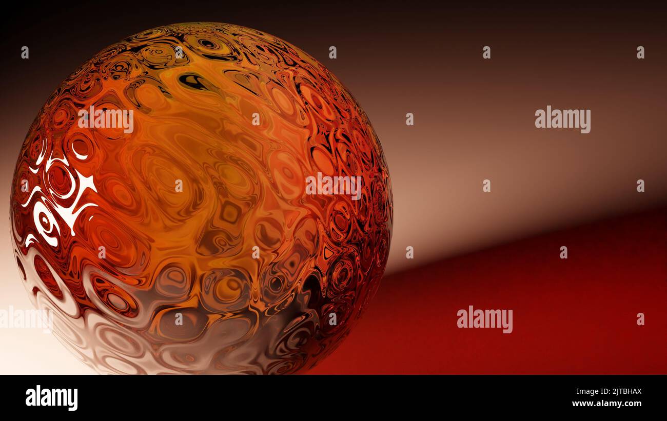 3d rendering. A giant glass sphere with an abstract pattern with liquid ...