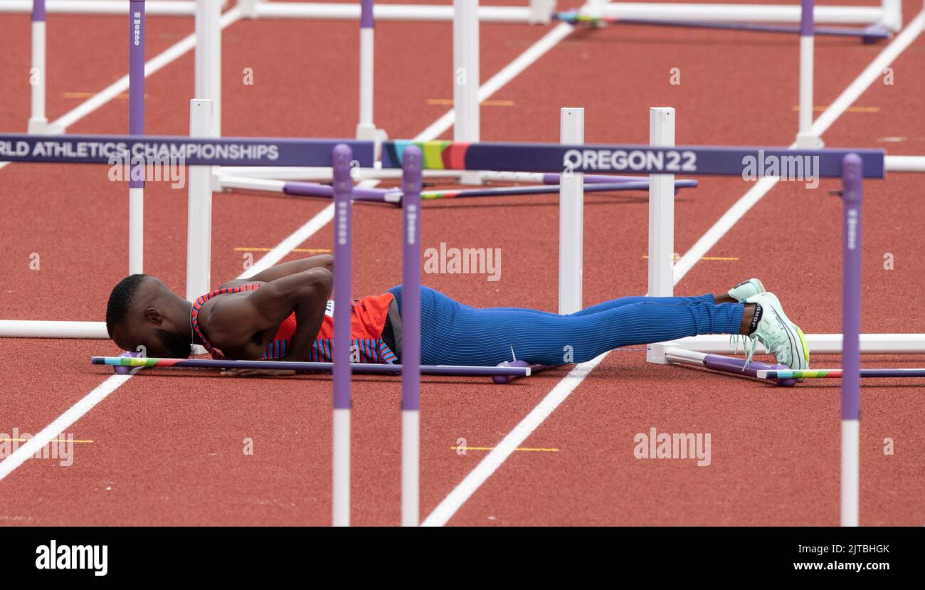 Daniel Roberts of the USA competing in the men’s 110m hurdles heat 3 at ...